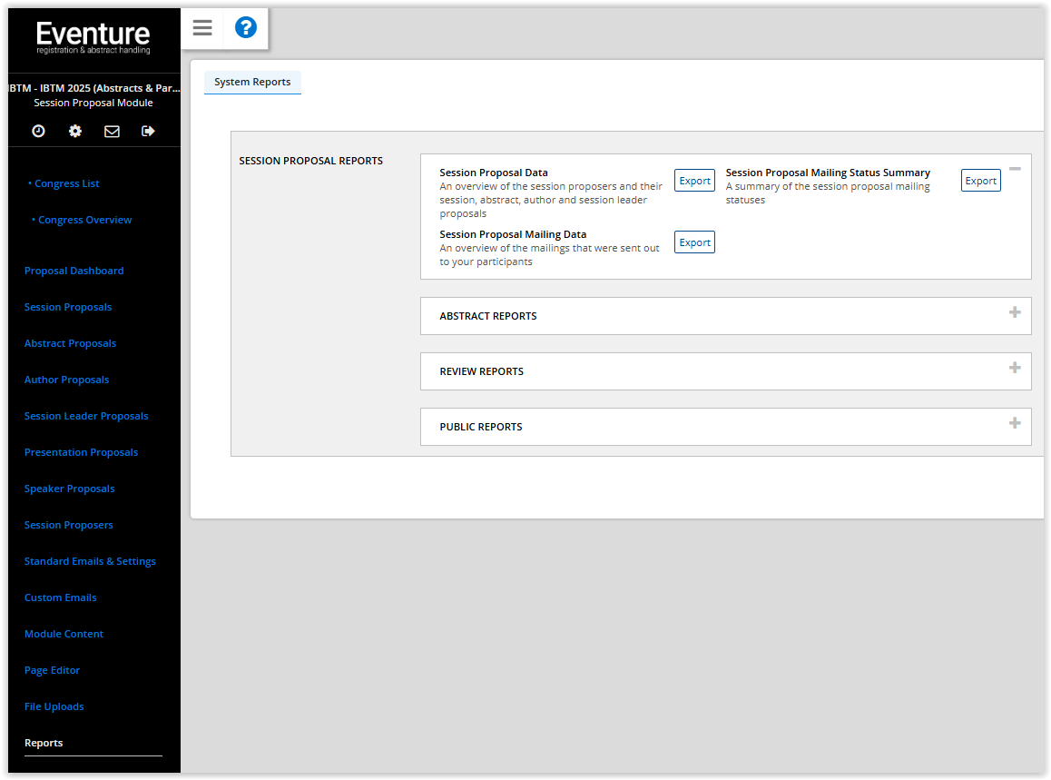 System reports Session proposal module – Eventure Helpcenter
