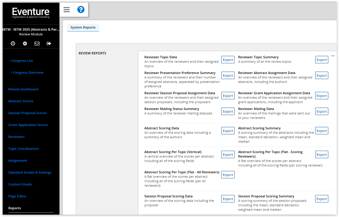 System reports Review module – Eventure Helpcenter