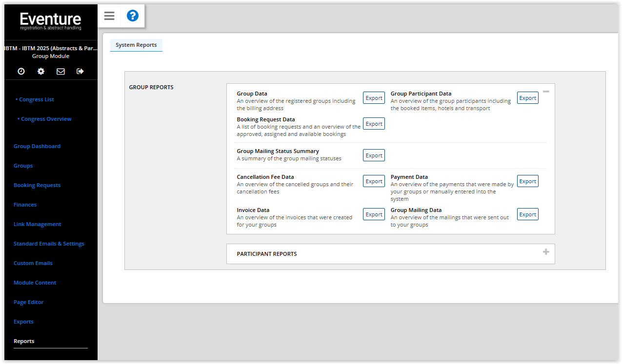 System reports Group module – Eventure Helpcenter